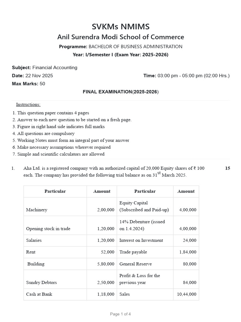 Financial Accounting Exam Paper 2025-2026 | PDF | Expense | Depreciation
