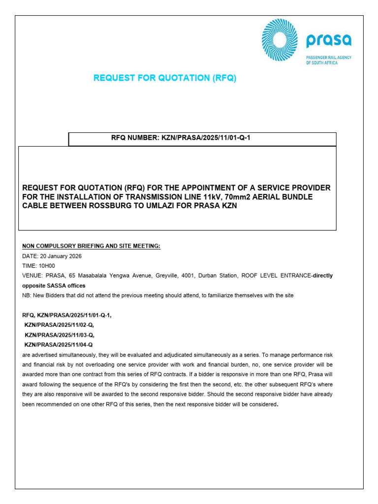 RFQ for 11kV Cable Installation PRASA KZN | PDF | Indemnity | Payments