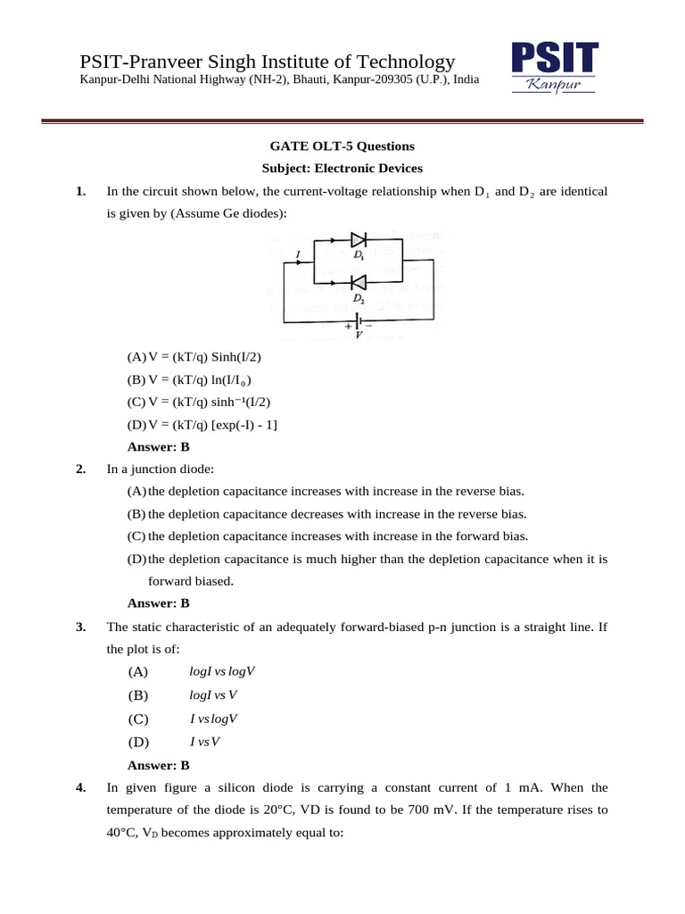 GATE OLT-5 Electronic Devices Questions | PDF | P–N Junction | Diode