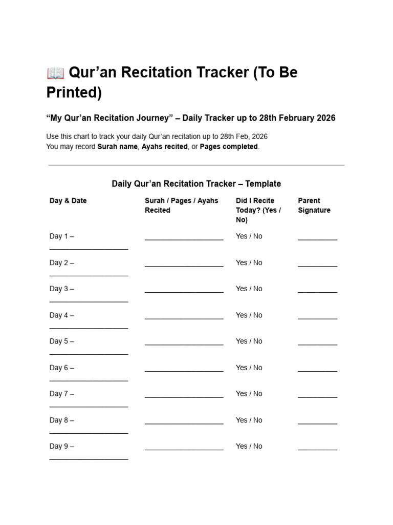 Daily Qur’an Recitation Tracker Template | PDF
