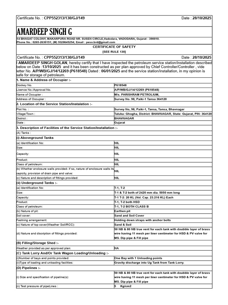 PESO Petroleum Rules Form 130 Safety Certificate Sample | PDF | Pipe ...