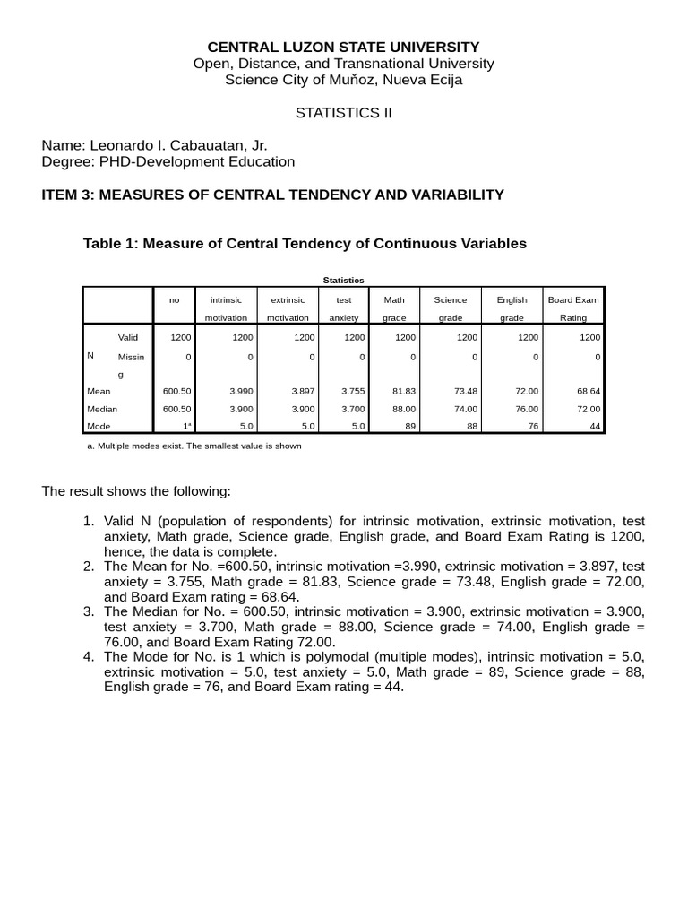 SPSS Activity 3-Measure of Central Tendency and Variability | PDF ...
