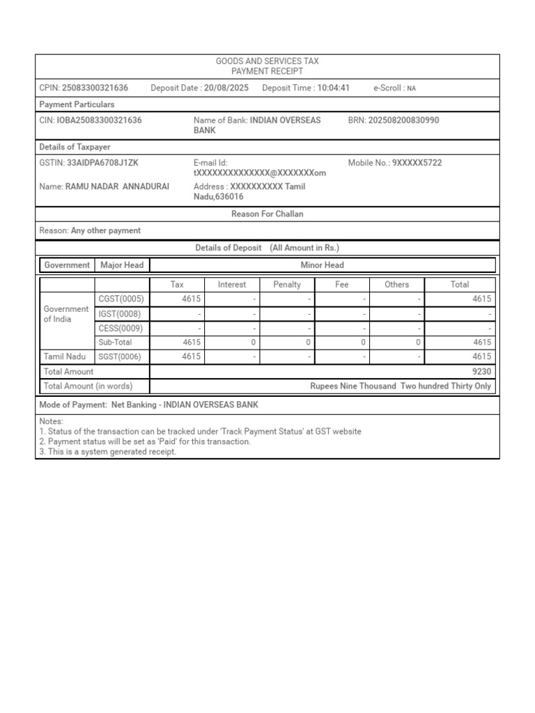 GST Payment Receipt for Ramu Nadar | PDF