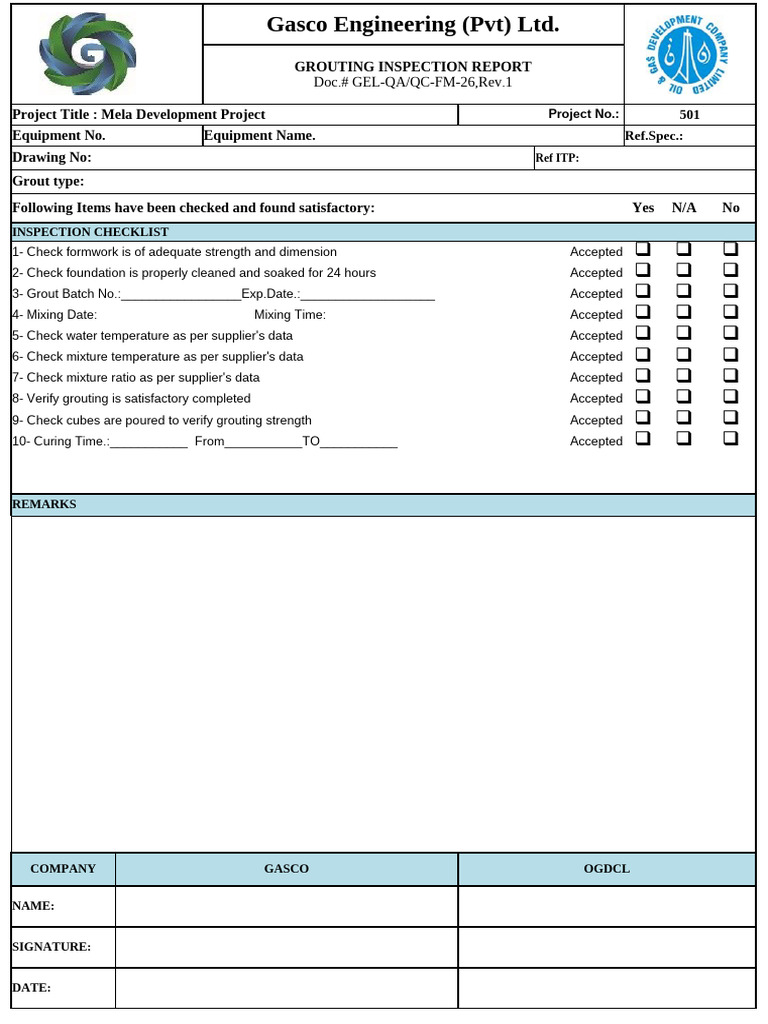 Grouting Inspection Checklist Report | PDF