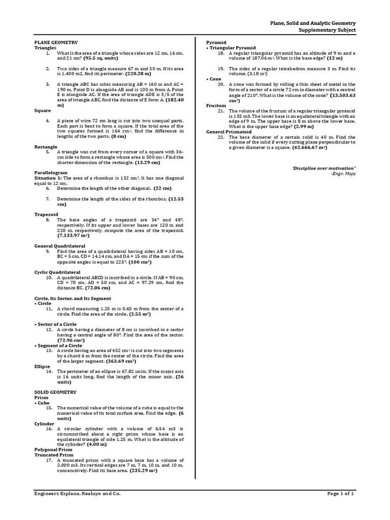 Supplementary- Plane, Solid and Analytic Geometry | PDF | Area | Rectangle