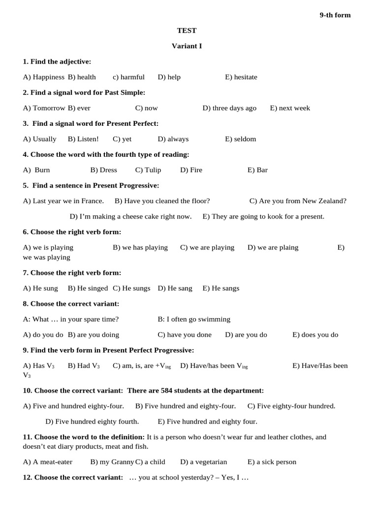 9th and 10th Grade English Test Variants | PDF | Grammar | Linguistic ...