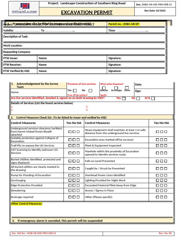 Excavation Work Permit - ZHBG GR HSE FRM 008 25 | PDF