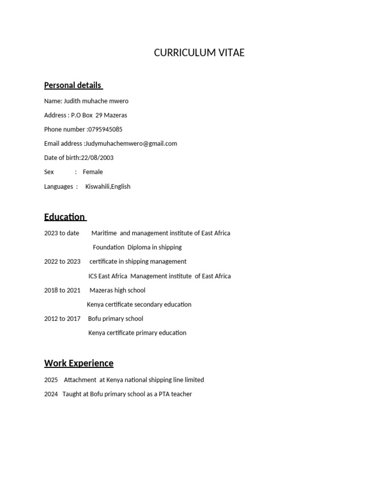 Judith Muhache Mwero CV | PDF