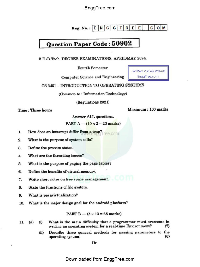 CS3451 Introduction To Operating Systems Apr May 2024 Question Paper ...
