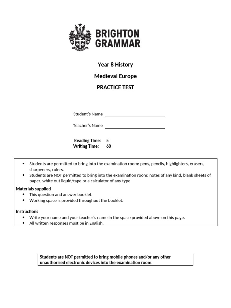Year 8 Medieval Europe History Test | PDF | William The Conqueror | Hell