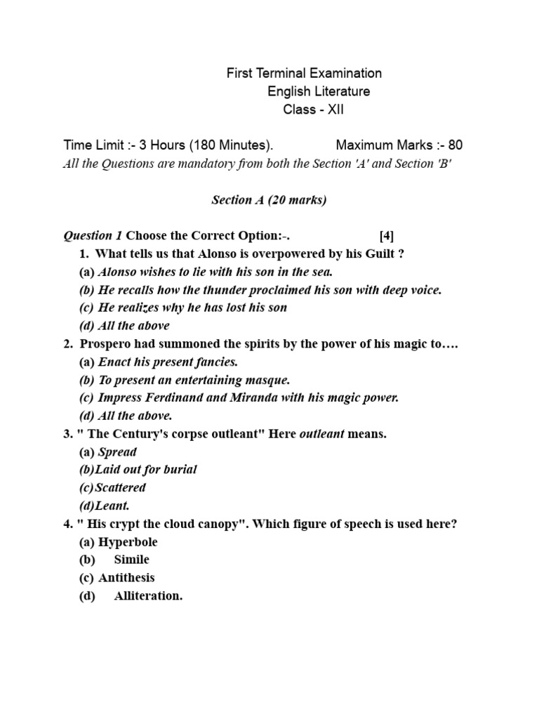 Class XII English Literature Exam Guide | PDF | The Tempest | Fantasy ...