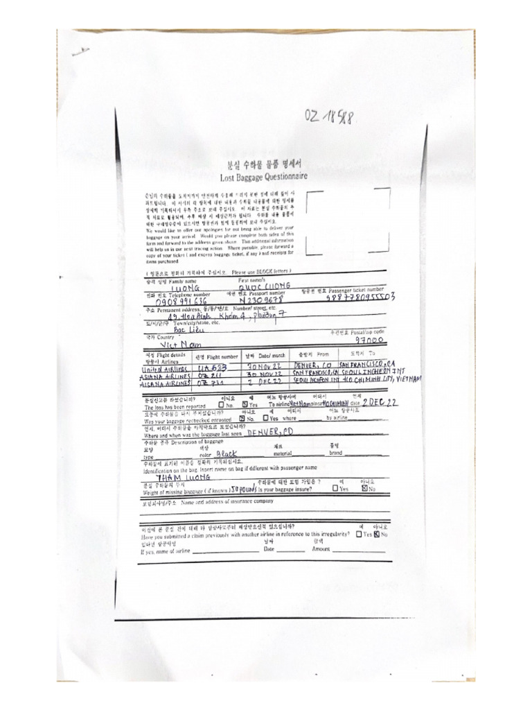 Lost Baggage Questionnaire | PDF