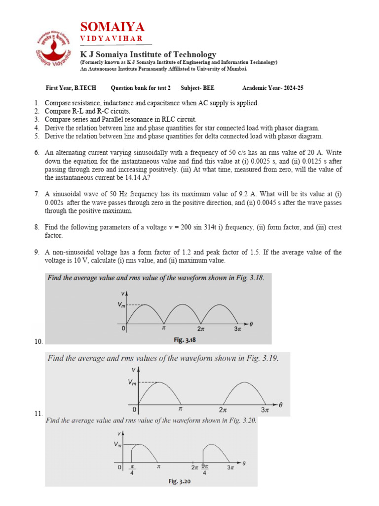 B.Tech BEE Test 2 Question Bank 2024-25 | PDF | Series And Parallel ...