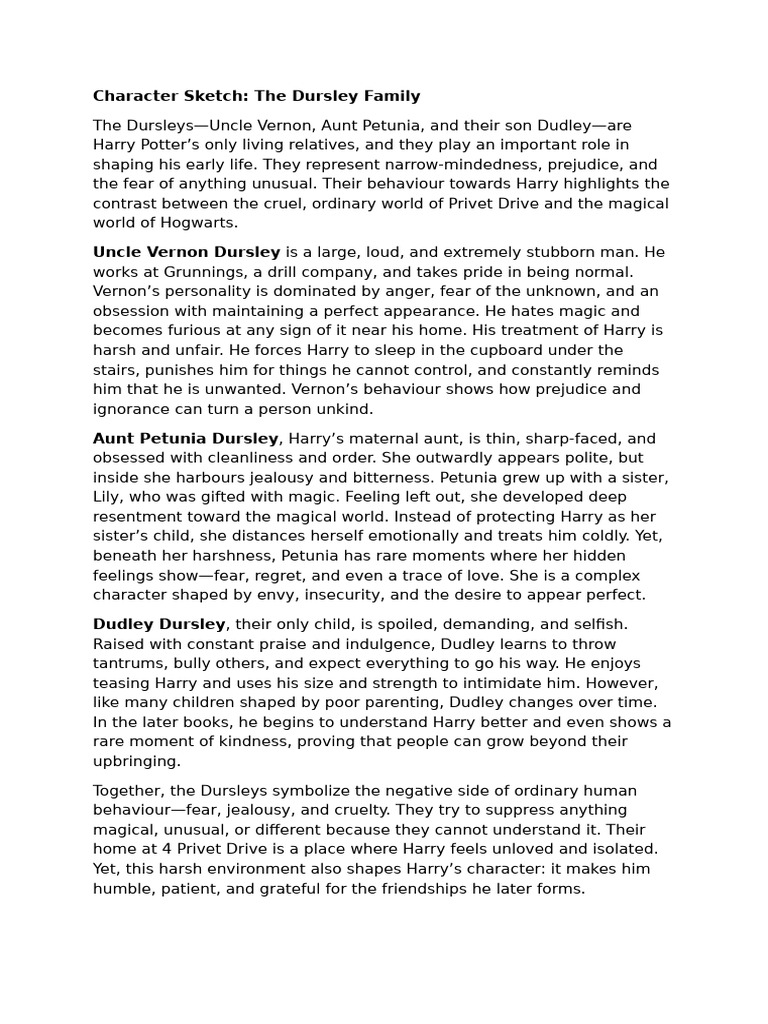 Dursley Family Character Analysis | PDF | Psychology | Emotions