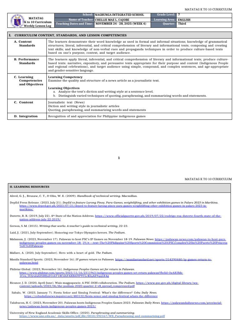 K to 10 English Lesson Plan Overview | PDF | Human Communication
