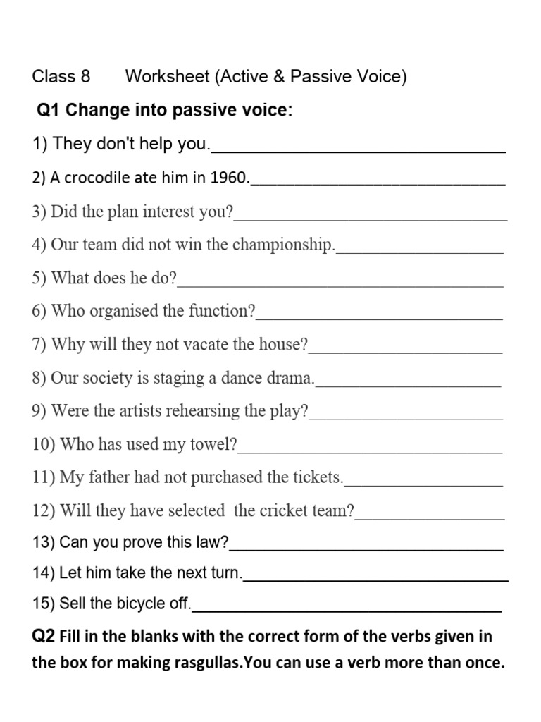 CBSE Class 8 English Worksheet - Active & Passive Voice | PDF
