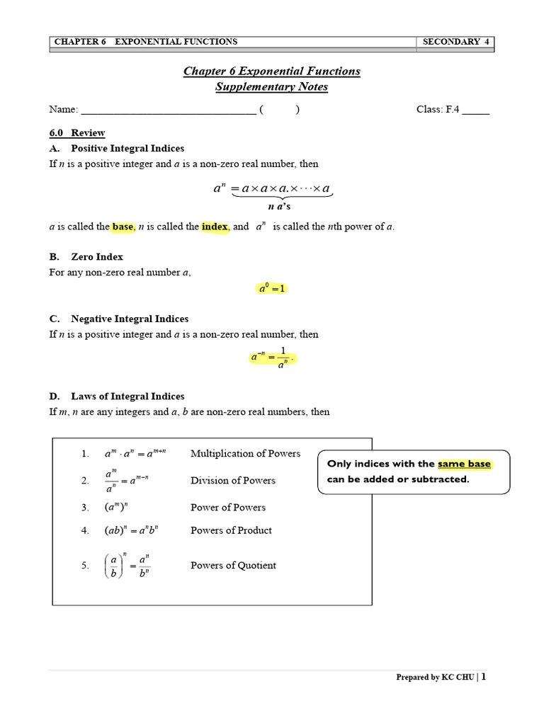Chapter 6 Exponential Functions Supplementary Notes: A A A A A | PDF ...