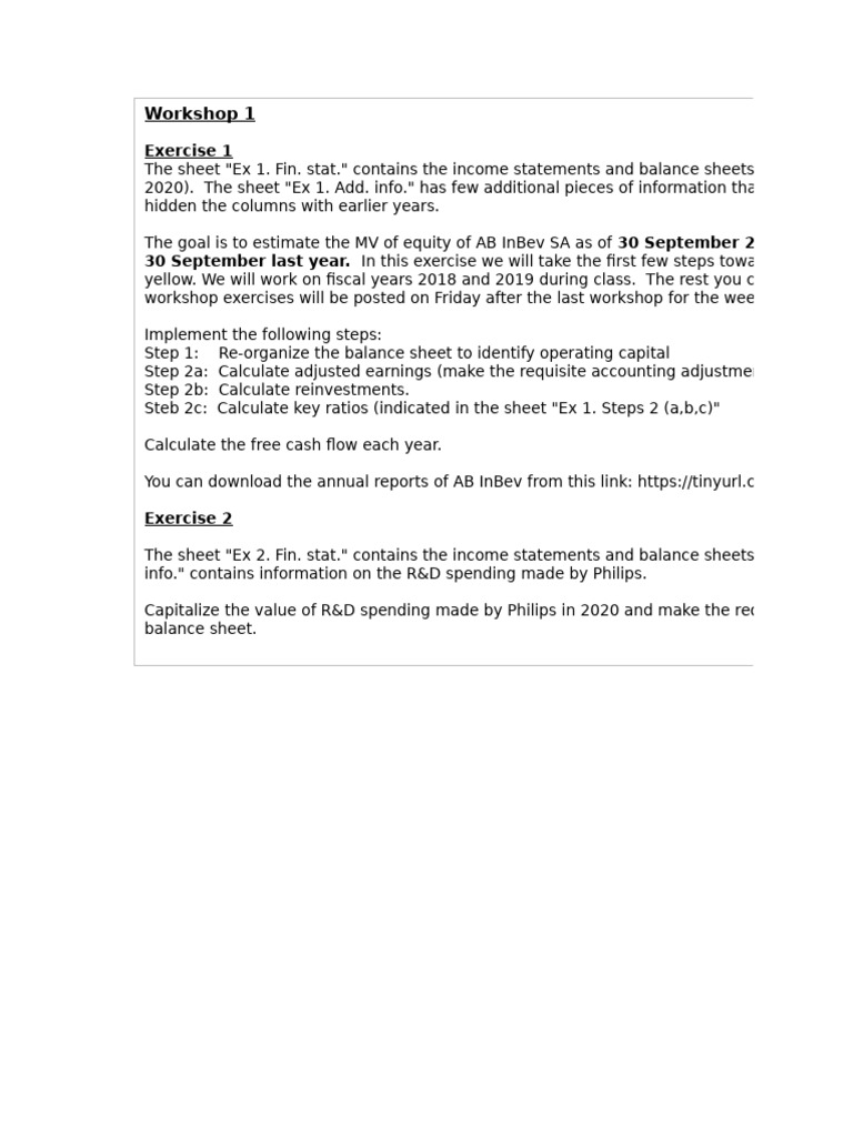 Workshop 1 - Exercises | PDF | Book Value | Goodwill (Accounting)