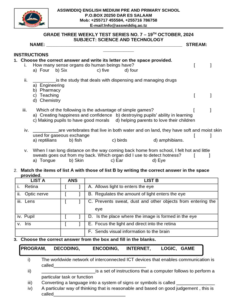 Grade 3 Science Weekly Test Series | PDF | Eye