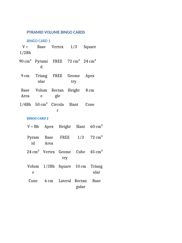 Pyramid Volume Bingo Cards | PDF