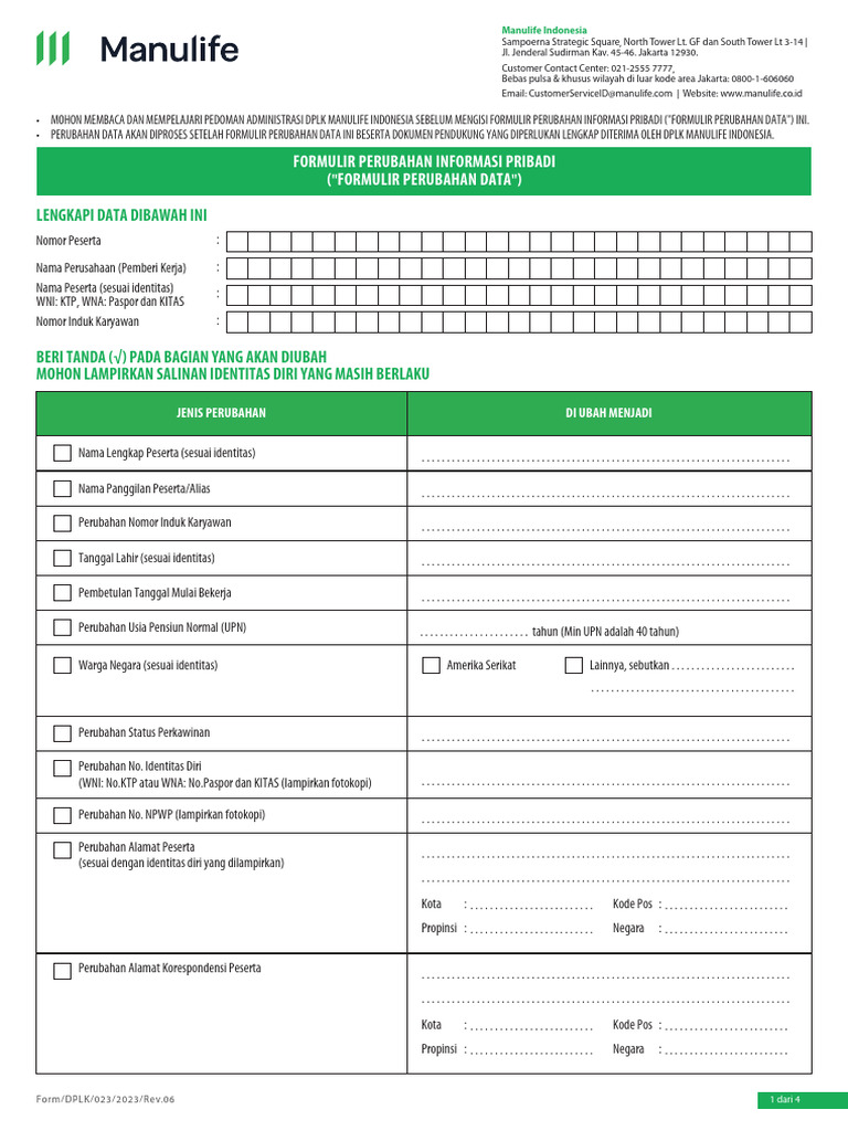 Formulir Perubahan Data DPLK Manulife | PDF