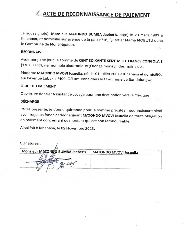 Acte de Reconnaissance MATONDO | PDF