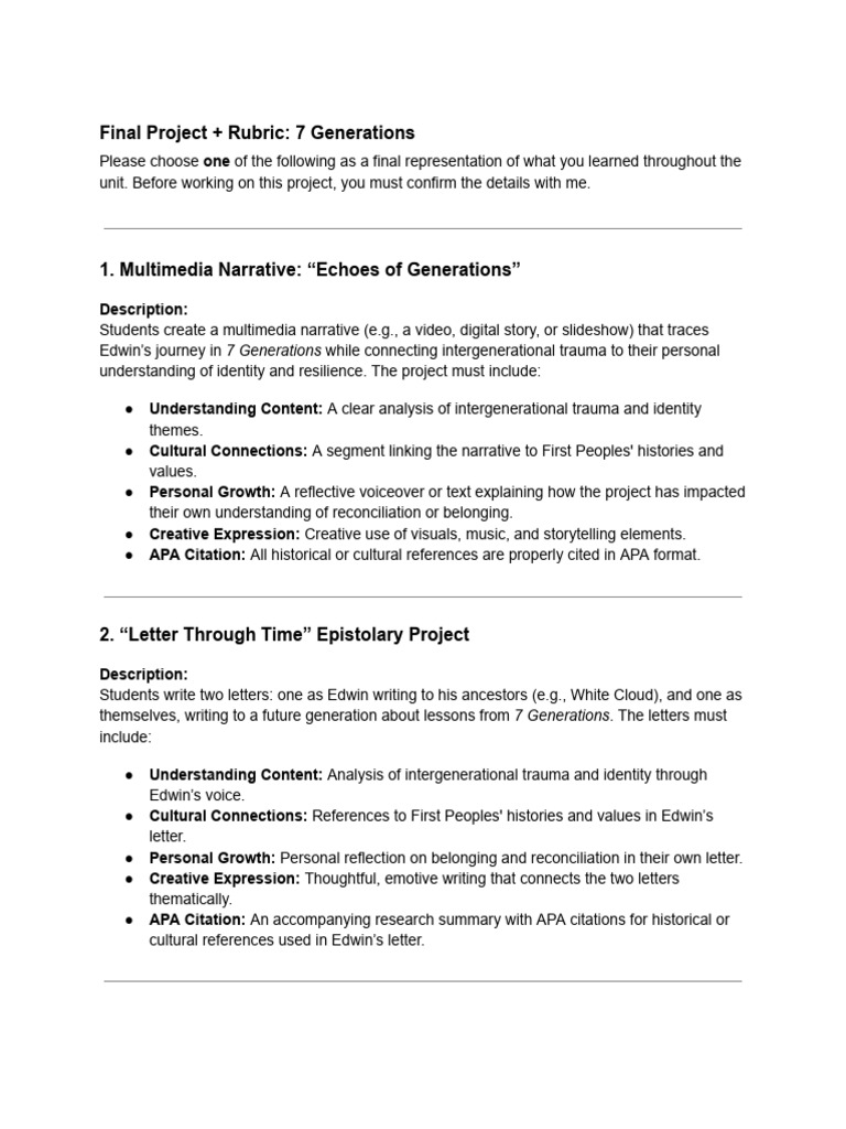 Final Project Options for 7 Generations | PDF | Apa Style | Citation