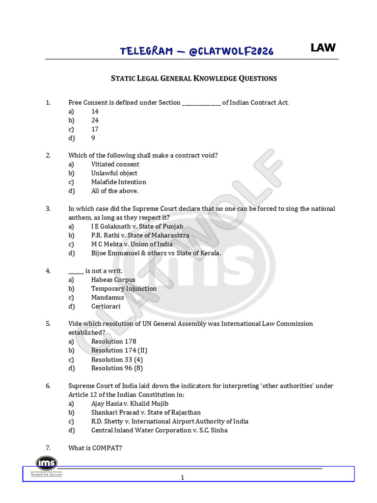 Indian Legal General Knowledge Quiz | PDF | Government Of India | Bail