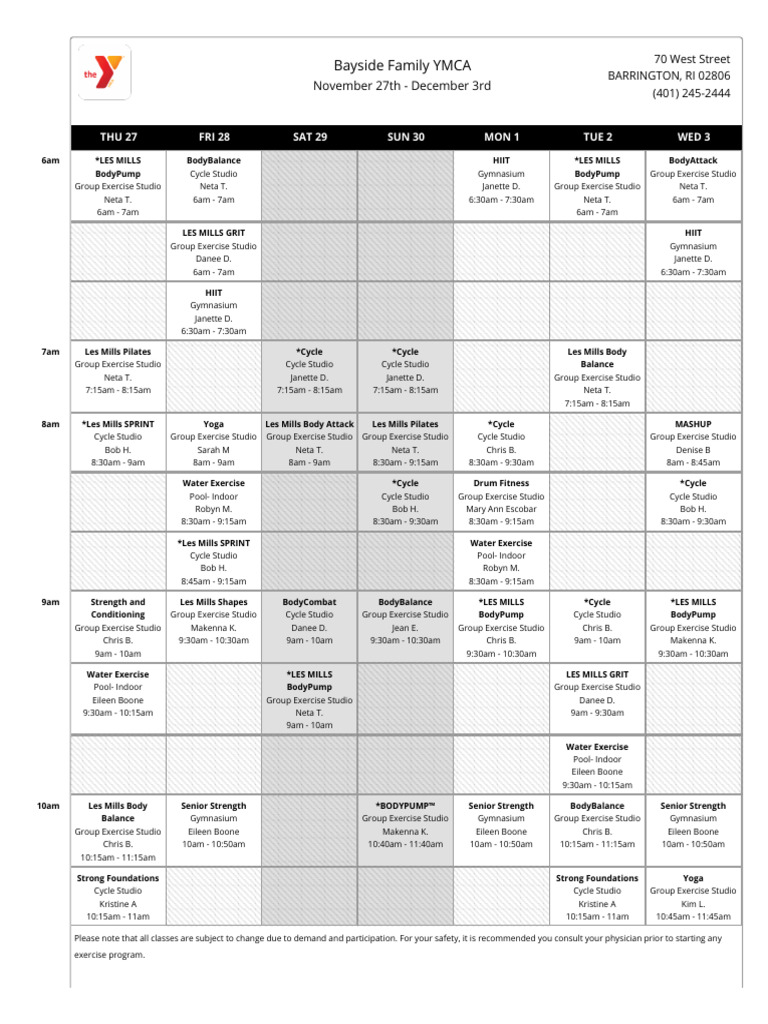 Bayside YMCA Class Schedule Nov-Dec 2023 | PDF | Physical Fitness ...