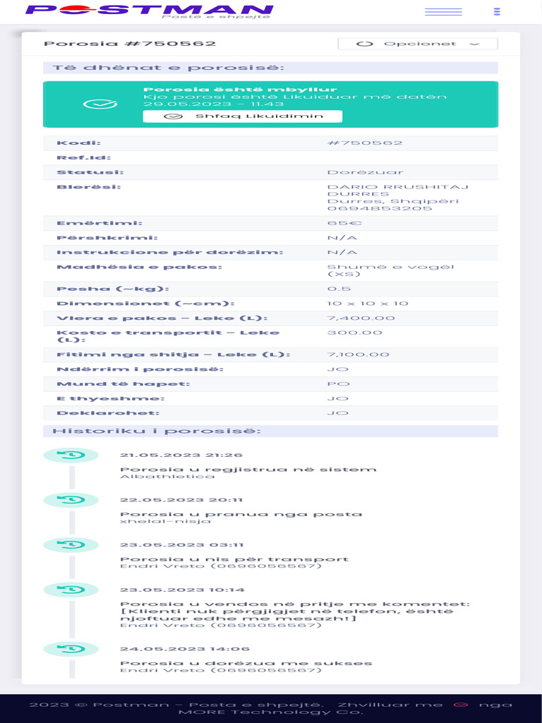 Porosia #750562 Postman - Posta e Shpejtë | PDF