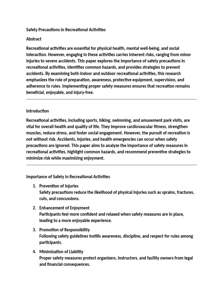 Safety Precautions in Recreational Activities | PDF | Safety | Playground