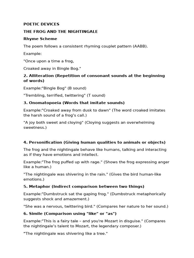 Poetic Devices in "The Frog and the Nightingale" | PDF | Poetry ...