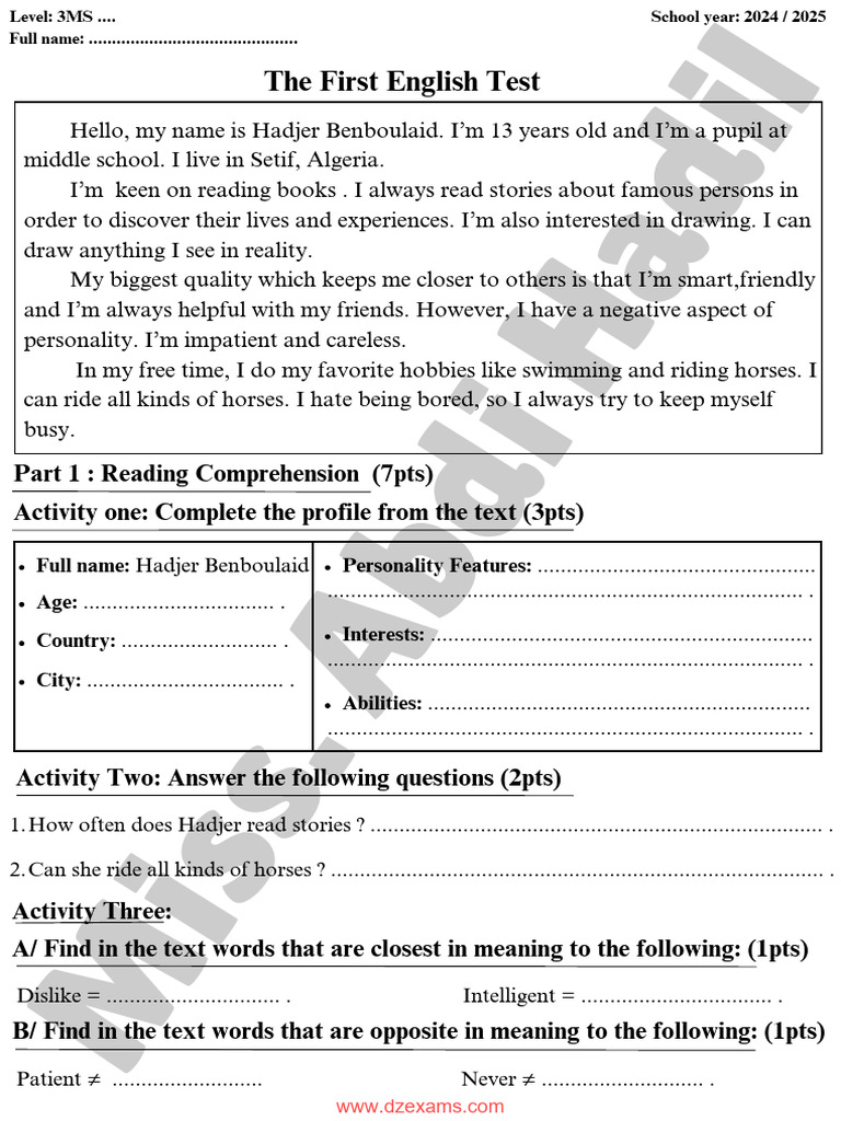 Dzexams 3am Anglais 123273 | PDF | Cognition | Human Communication