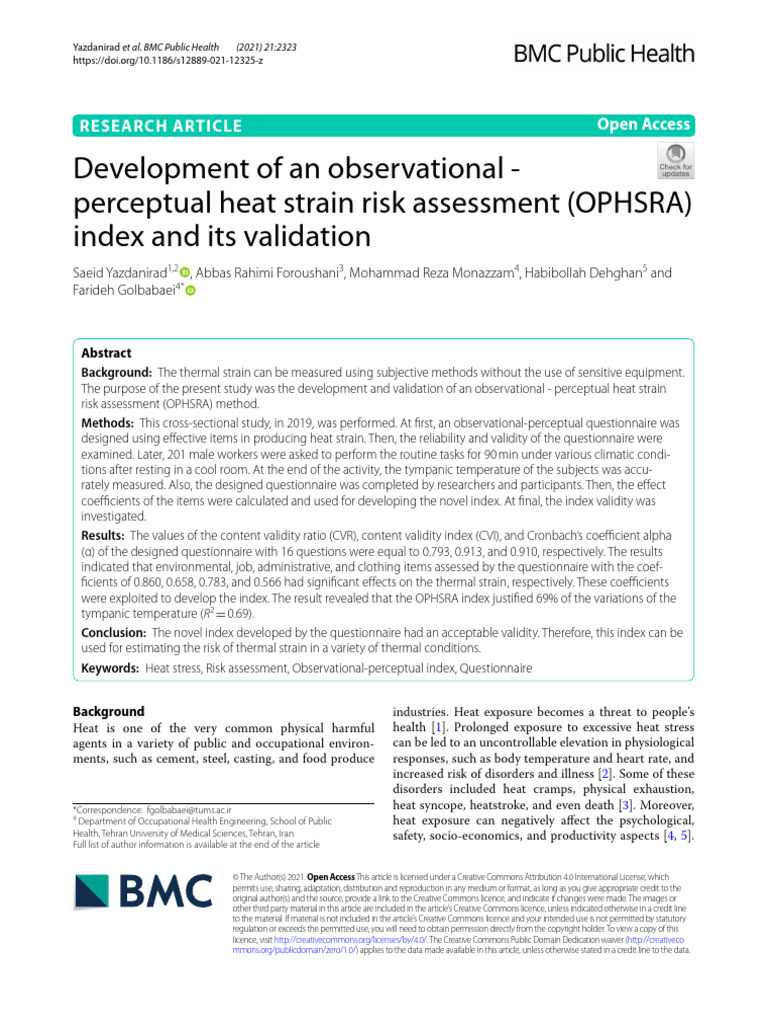 Heat Strain Risk Assessment (OPHSRA) | PDF | Cronbach's Alpha | Humidity