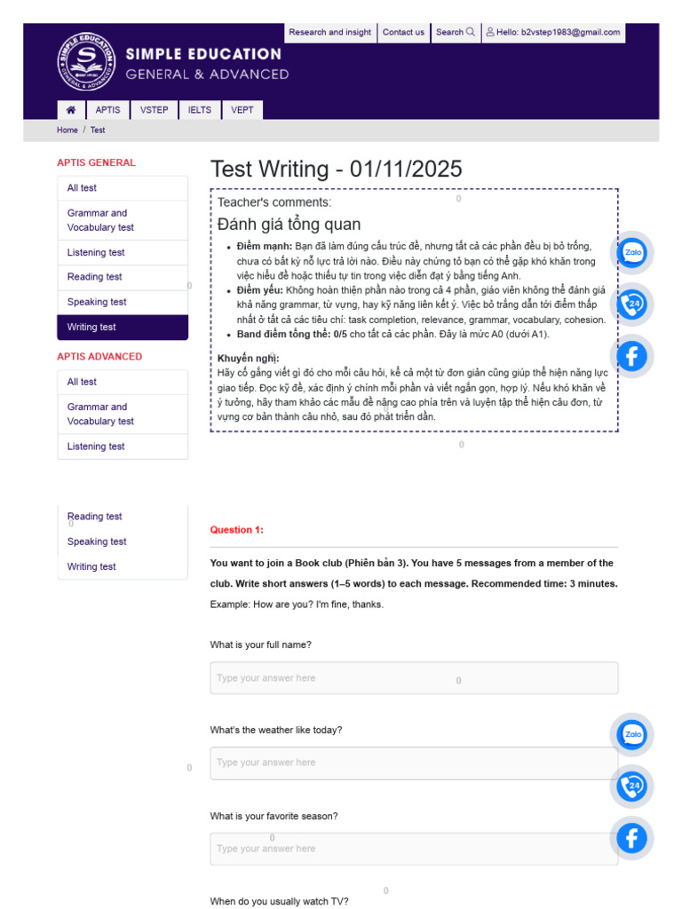 Writing Test 5 of Simple Education | PDF