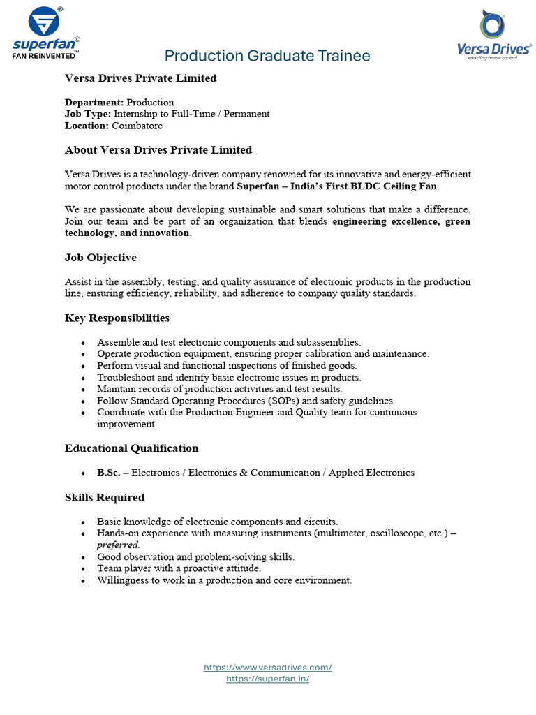 Production Graduate Trainee-JD | PDF | Internship | Job Hunting