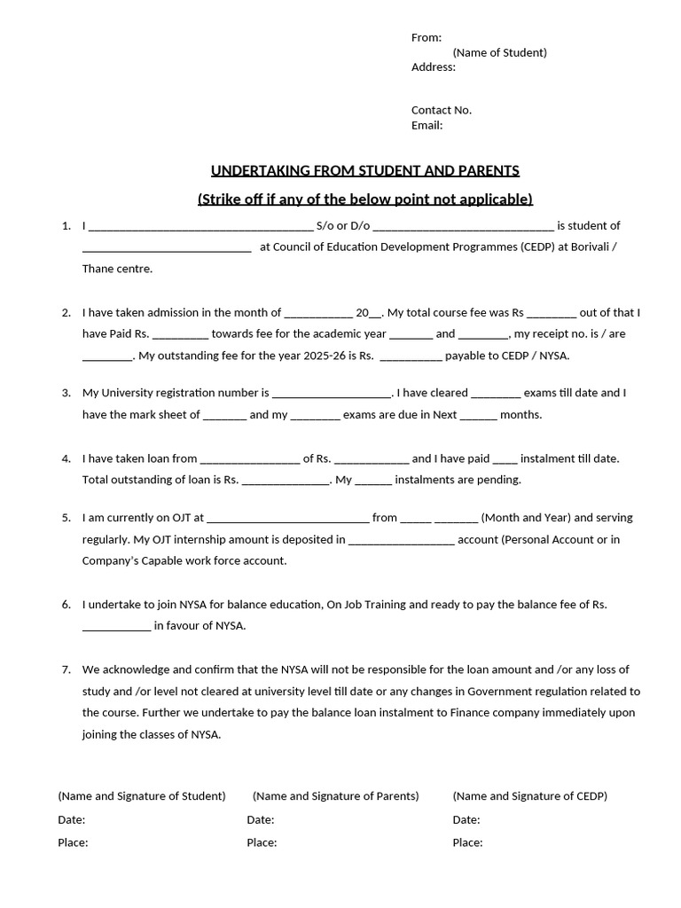 Student and Parent Undertaking Form | PDF | Chess Theory