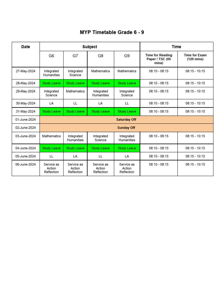 MYP Timetable Grade 6 - 9 | PDF