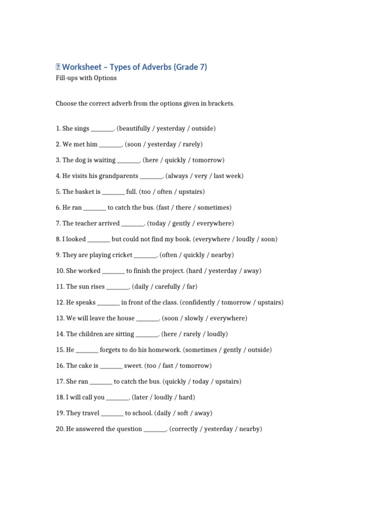 Grade 7 Adverb Worksheet | PDF