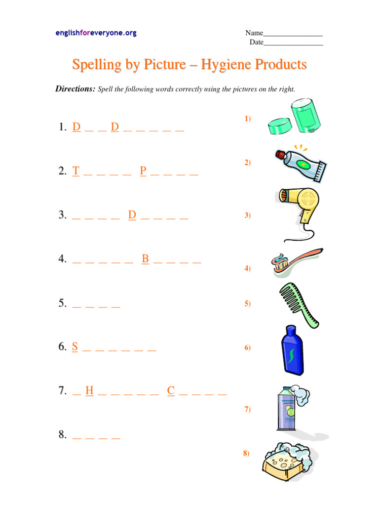 Spelling Practice with Pictures: Hygiene Products | PDF
