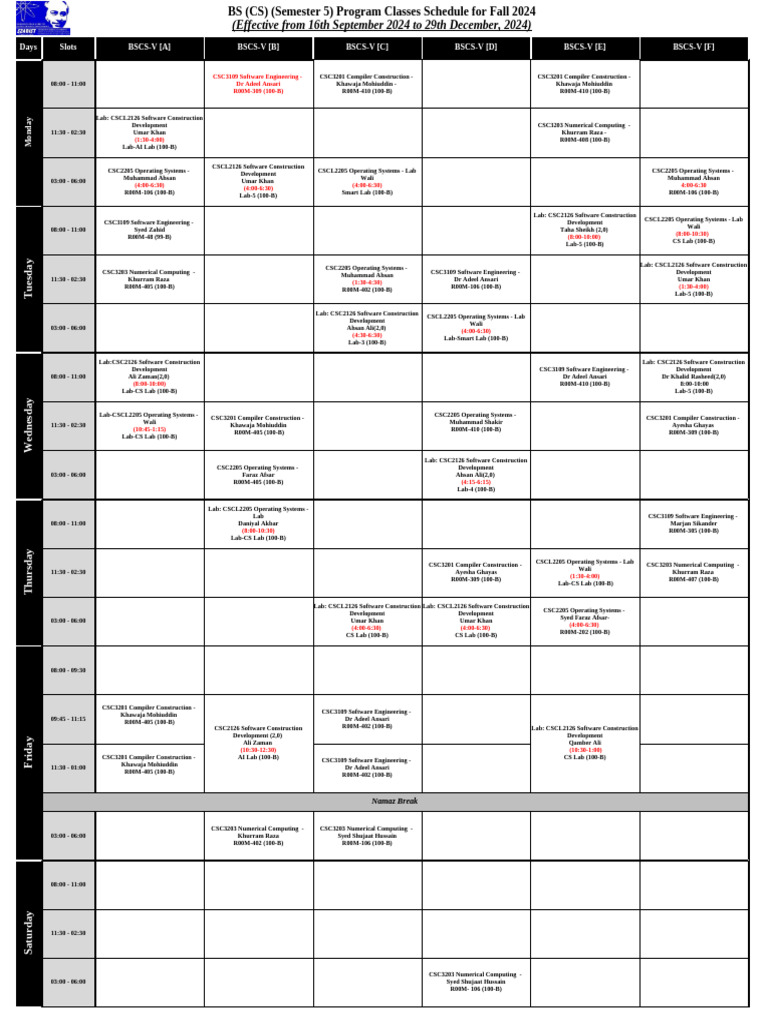 BSCS (3rd & 4th Years Semester) Program Classes Schedule For Fall 2024 ...
