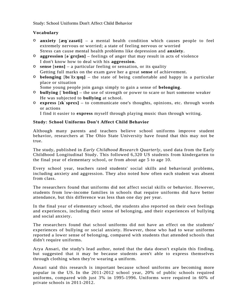 Study School Uniforms Don't Affect Child Behavior | PDF | Anxiety ...