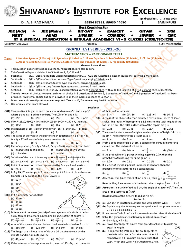 Grand Test Series Mathematics 2025-26 | PDF | Circle | Area