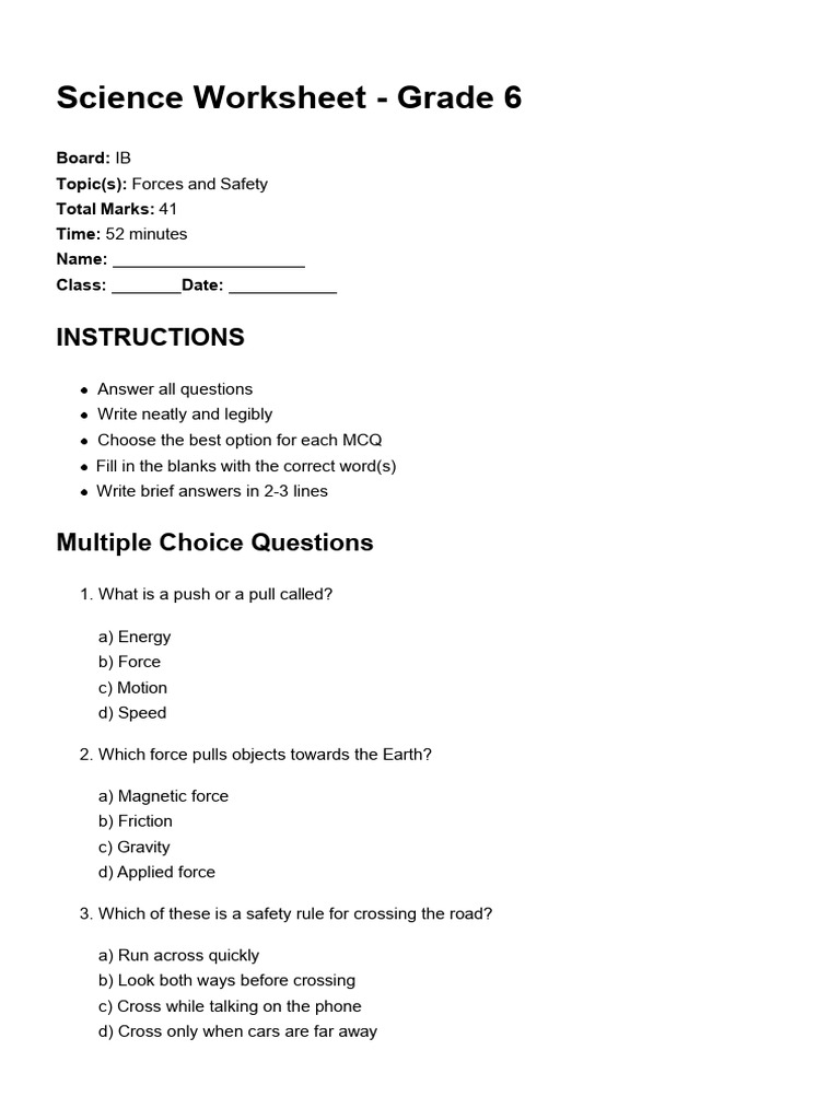 Grade 6 Science: Forces & Safety Worksheet | PDF | Force | Friction