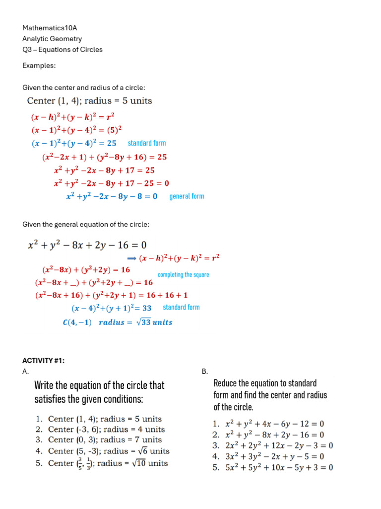 M10A Q3 Equations of Circles Activity 1 | PDF