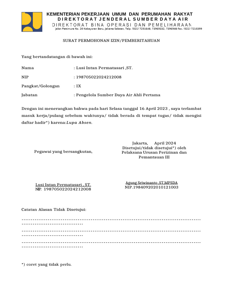 Surat Permohonan Izin Kerja Lusi Intan | PDF