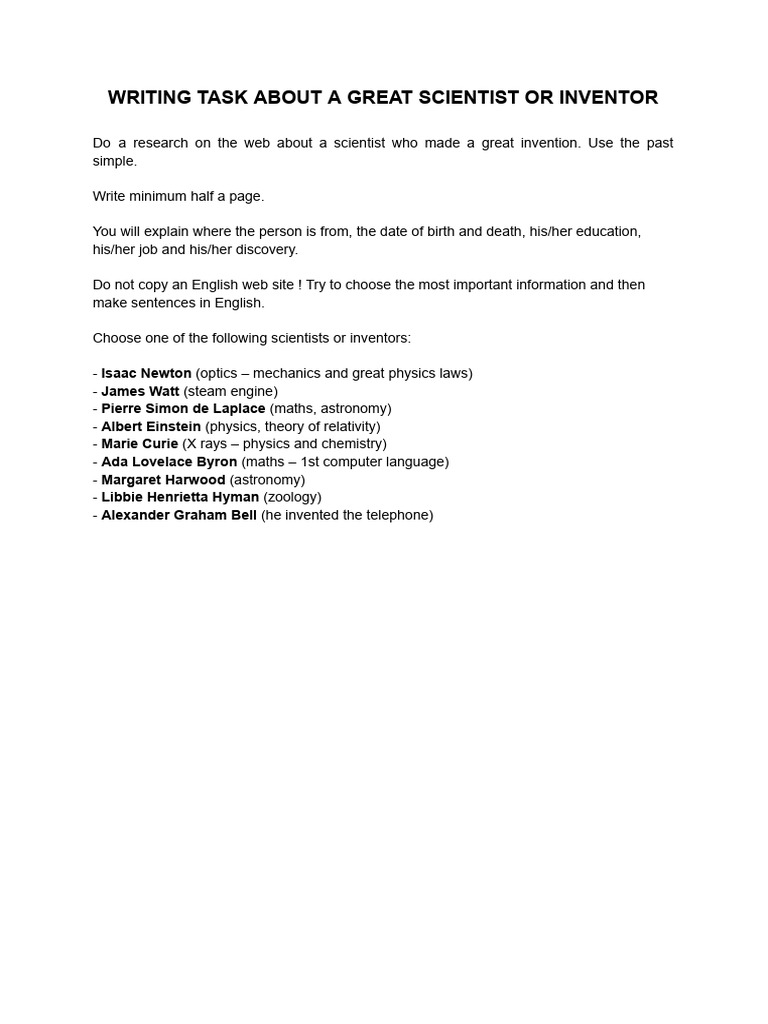 Writing Task About A Great Scientist or Inventor | PDF