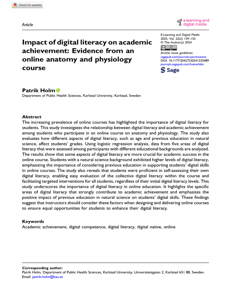 Holm 2024 Impact of Digital Literacy On Academic Achievement Evidence ...