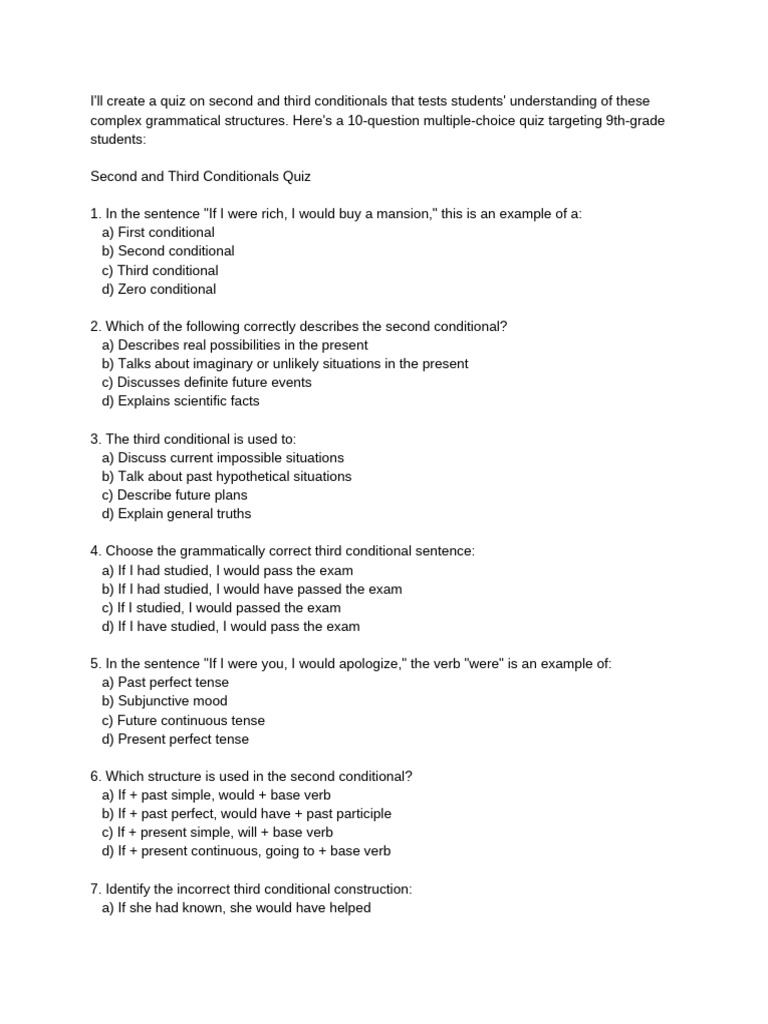 SECOND AND THIRD CONDITIONALS QUIZ | PDF | Verb | Psychology