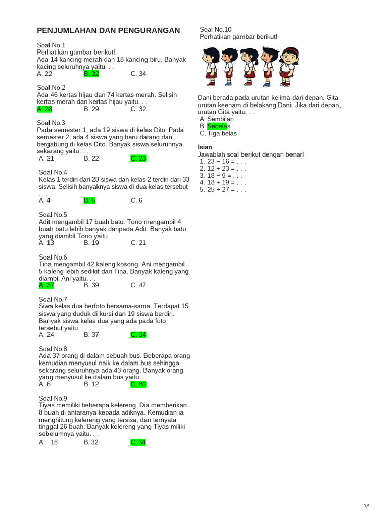 Diaryguru.com-Soal Matematika Kelas 2 Penjumlahan Dan Pengurangan | PDF